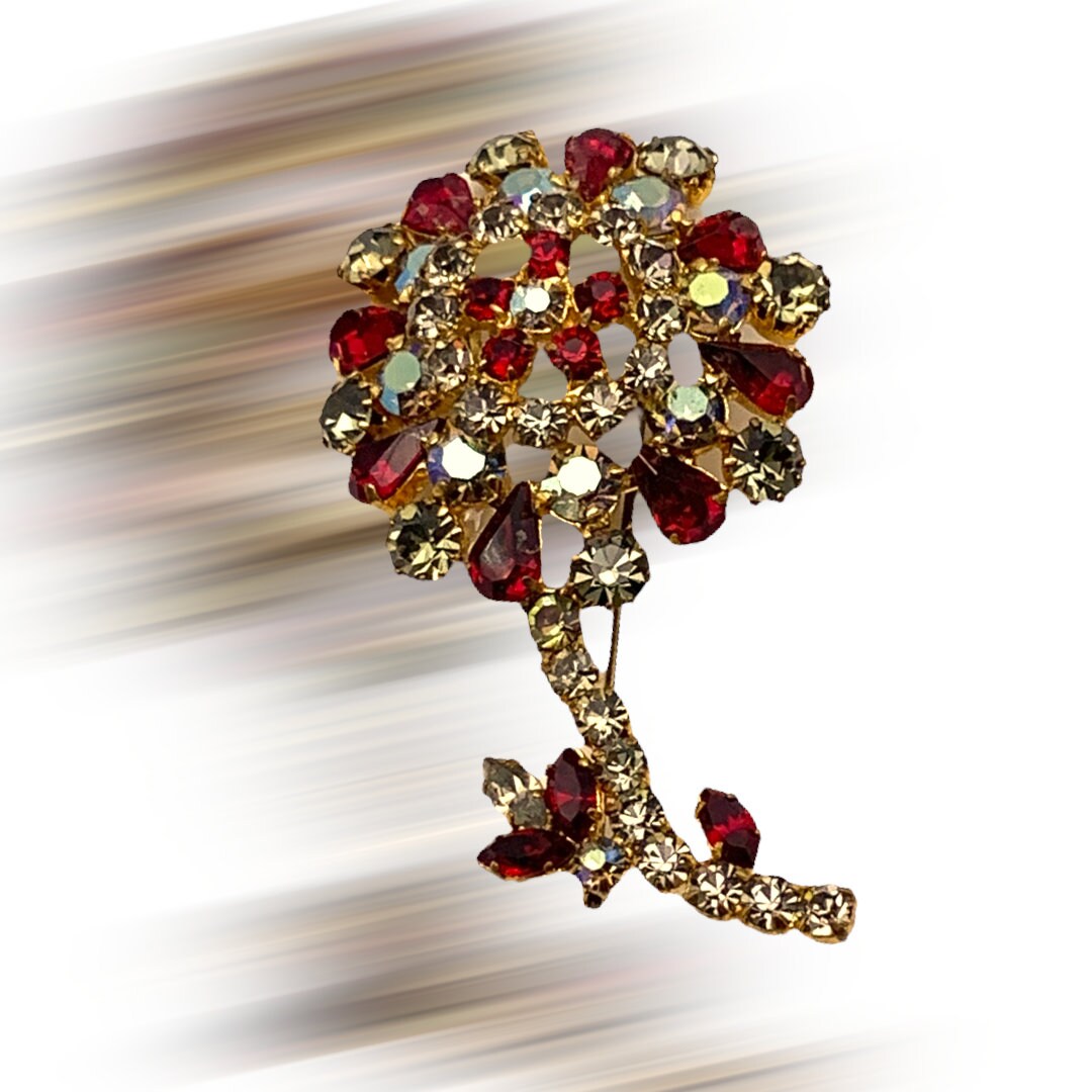 Vintage Red Ruby & Black Diamond Rhinestone Long Stemmed Flower Pin ...
