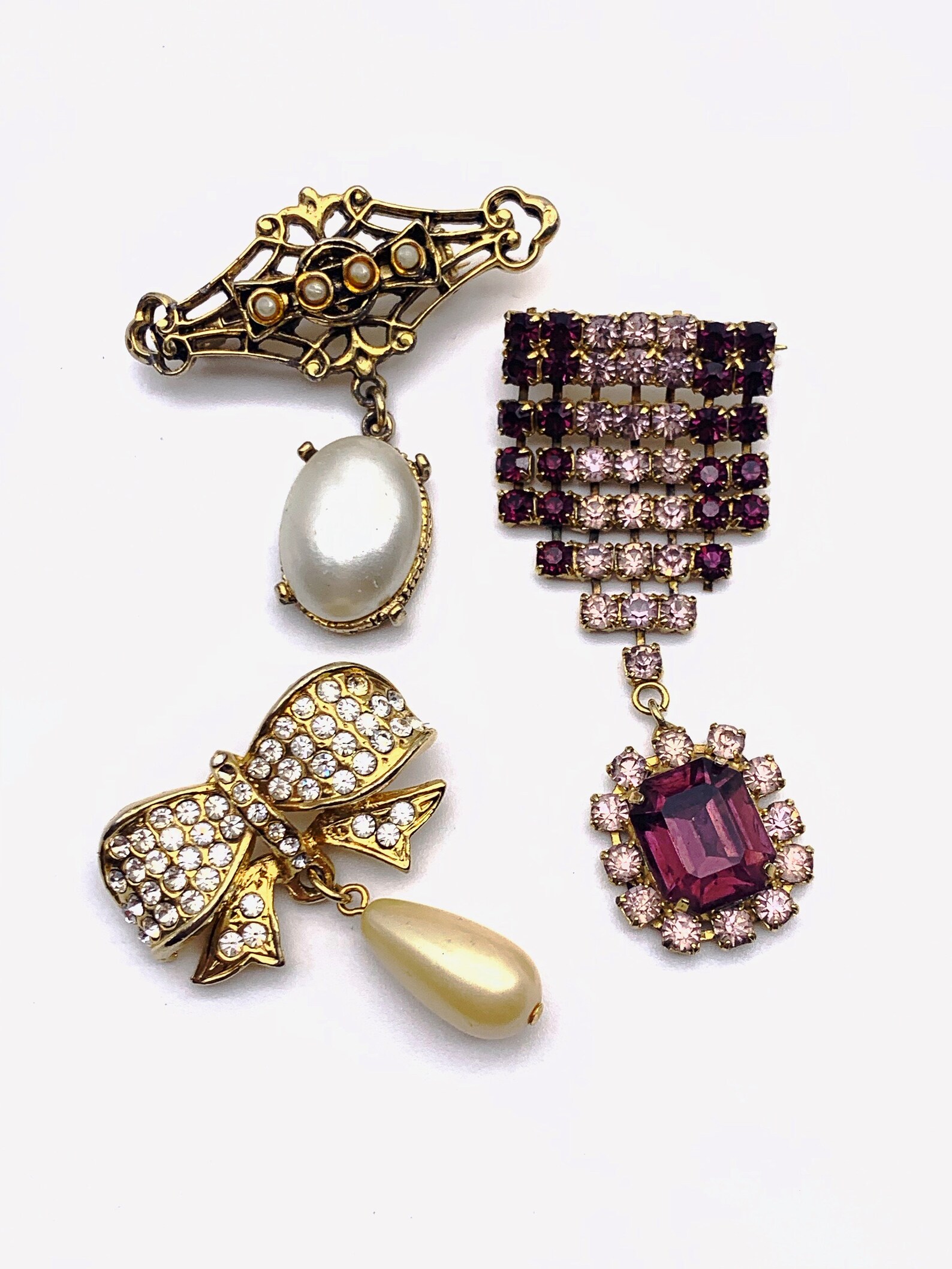 Sparkling Trio of Antique Dangling Brooches - Three 1950s and 1960s ...