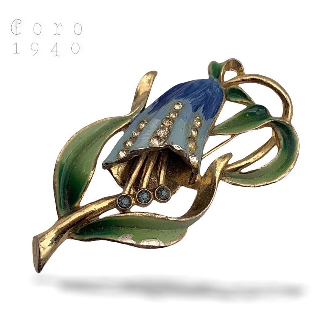 1940's Coro Enameled Figural Bell Flower, Long Stamens Rhinestone Pin ...