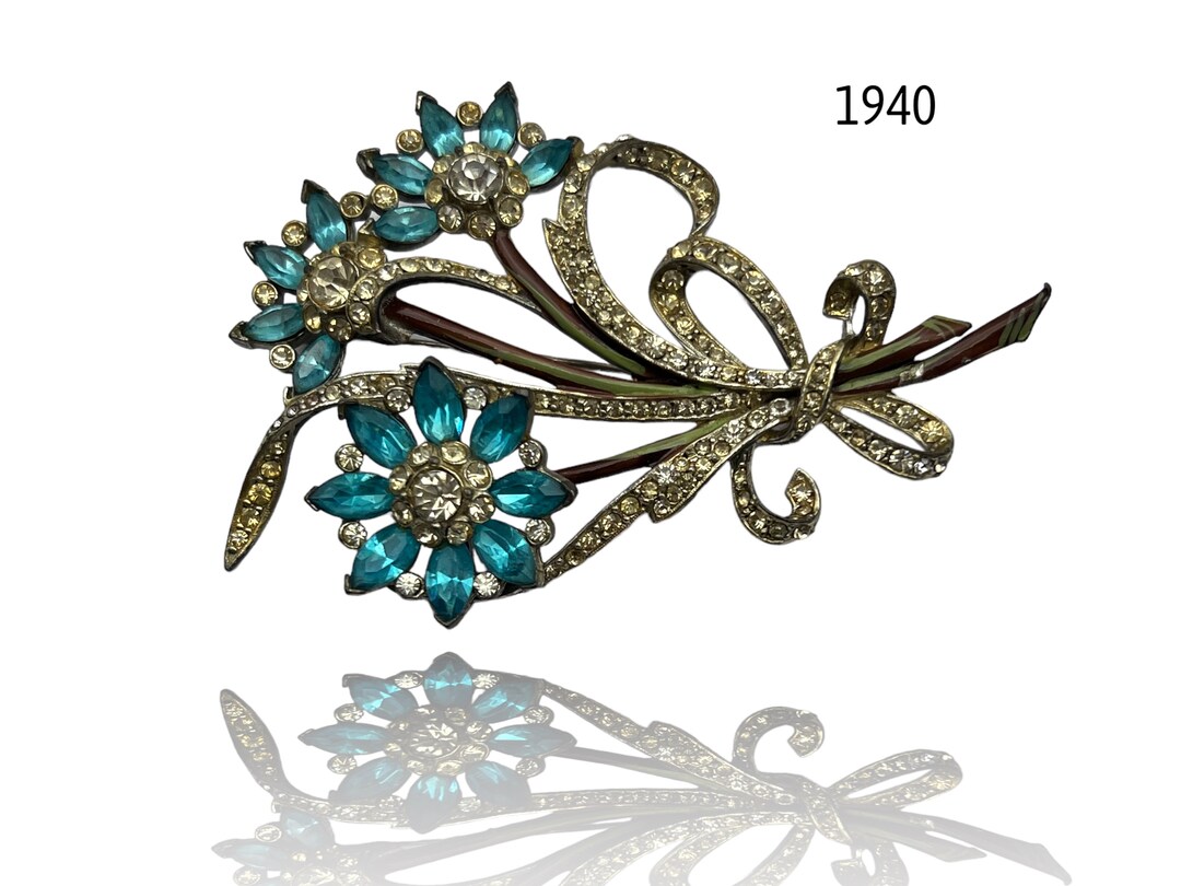 1940s Huge Beauty High End Flower Floral Bouquet Brooch Aqua Color W ...