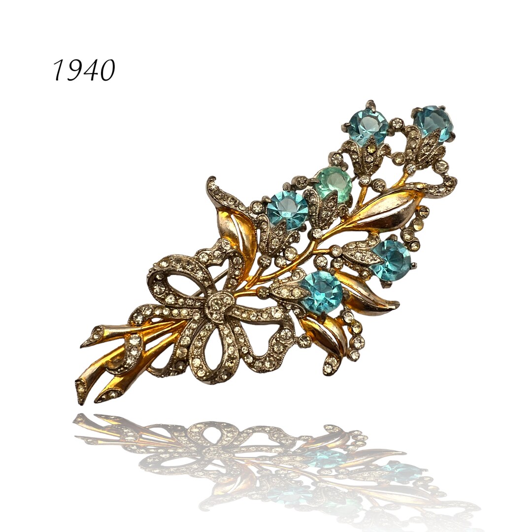1940s Huge Beauty High End Flower Floral Bouquet Brooch Aqua Color W ...