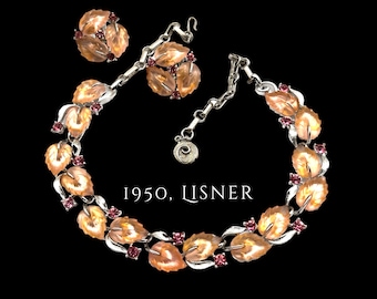 LISNER Necklace Bracelet Clip on Earring Set Signed Lisner 1950s HUGE ...