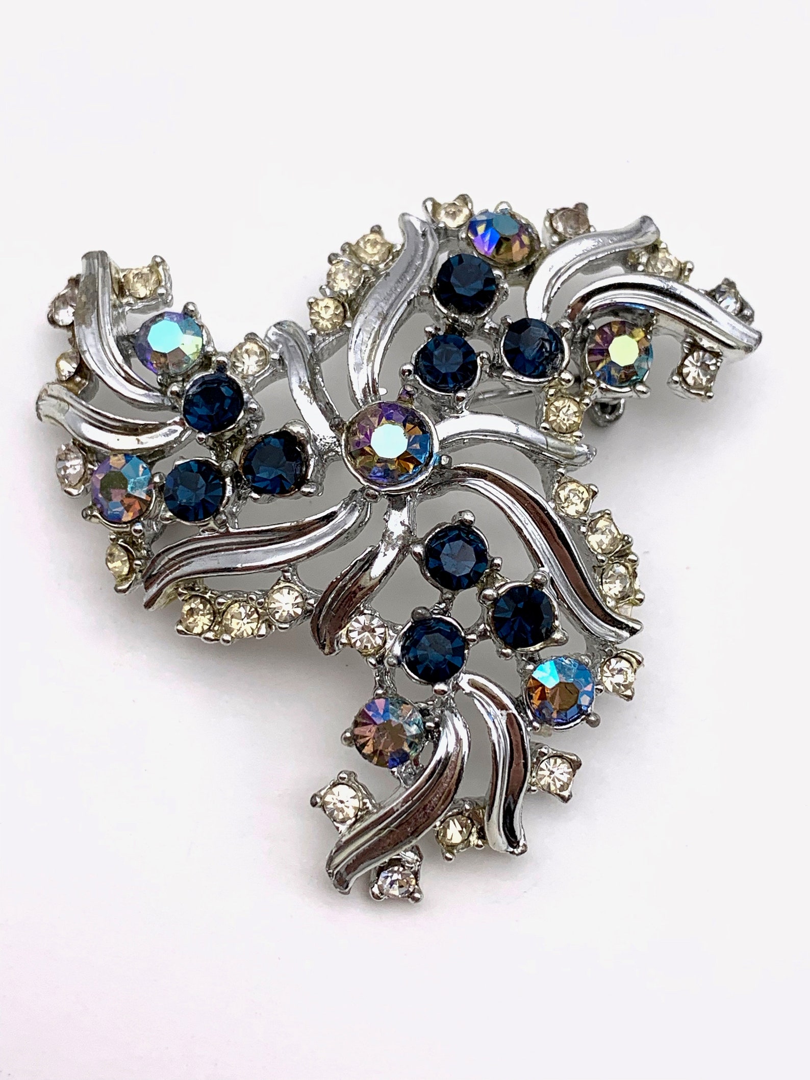 Middle Blue and AB Rhinestones Swirl Design Brooch Accentuated by Clear ...