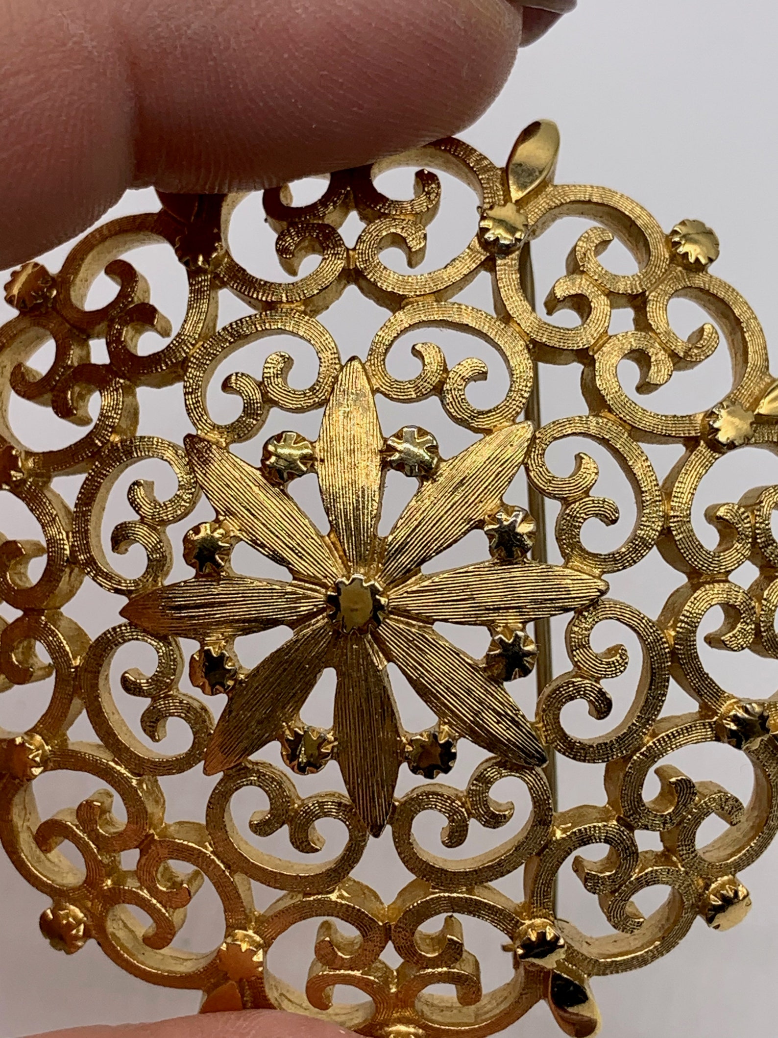 Vintage Monet Floral Medallion Brooch Scroll Open Work Gold Tone Flower ...
