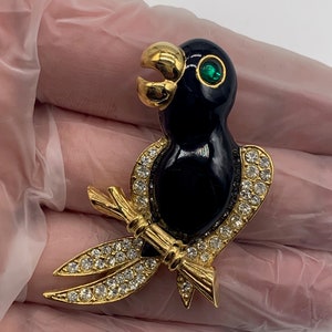 SPHINX Jeweled Parrot Bird Figural Pin Glossy Black Enamel W ...