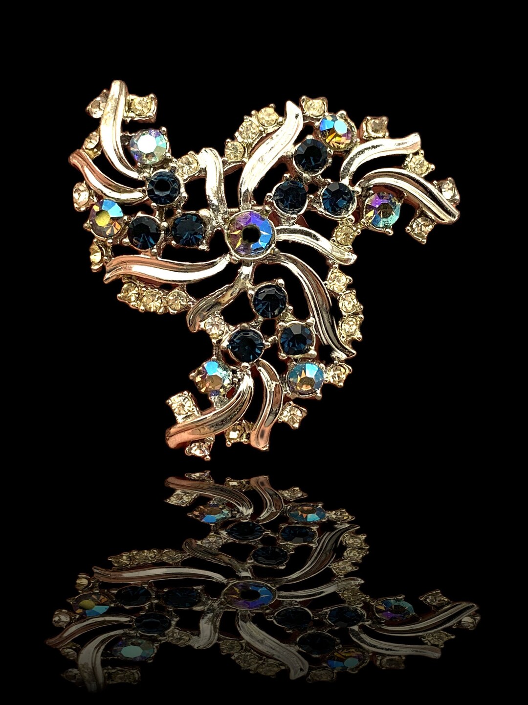Middle Blue and AB Rhinestones Swirl Design Brooch Accentuated by Clear ...