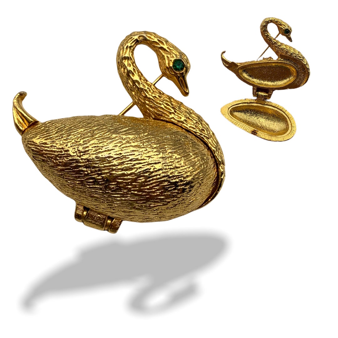 Cute Figural Swan Locket Brooch W/green Rhinestone Eye - Solid Perfume ...