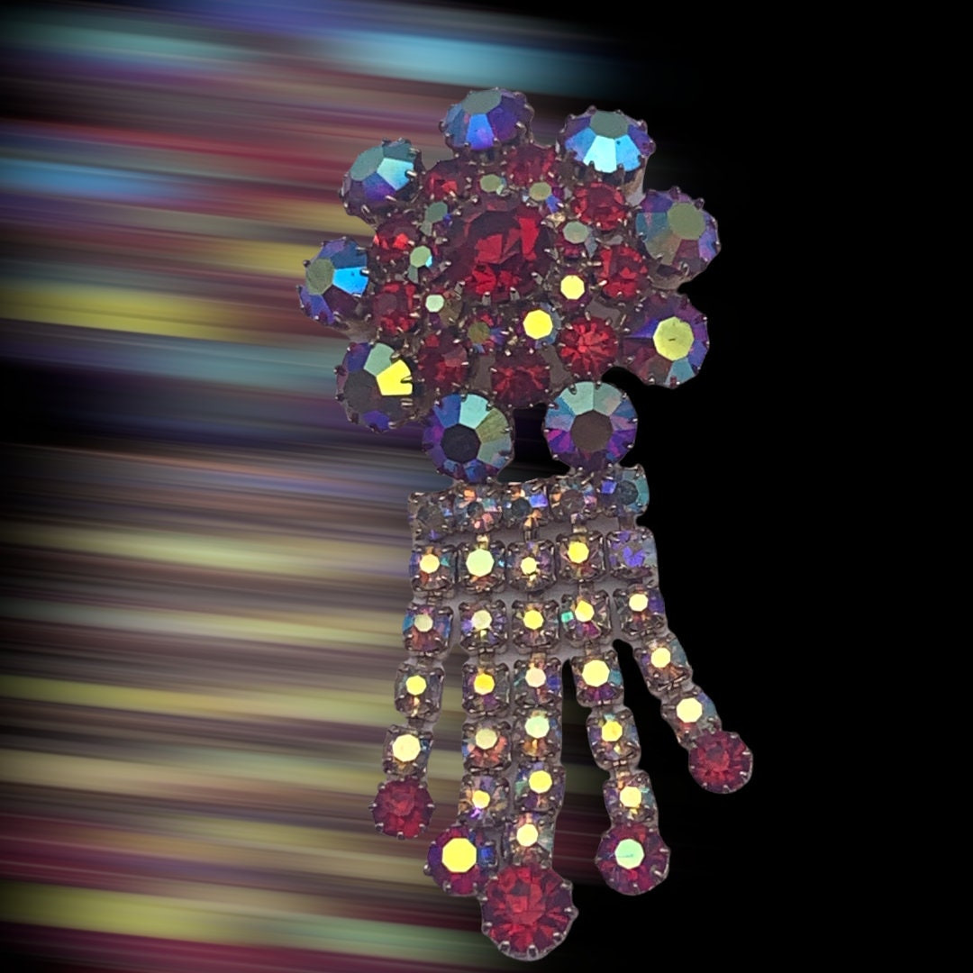 Vintage 1960's Rhinestone Dangle Brooch With Siam Red/red Cherry/ab ...