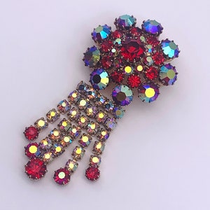Vintage 1960's Rhinestone Dangle Brooch With Siam Red/red Cherry/ab ...