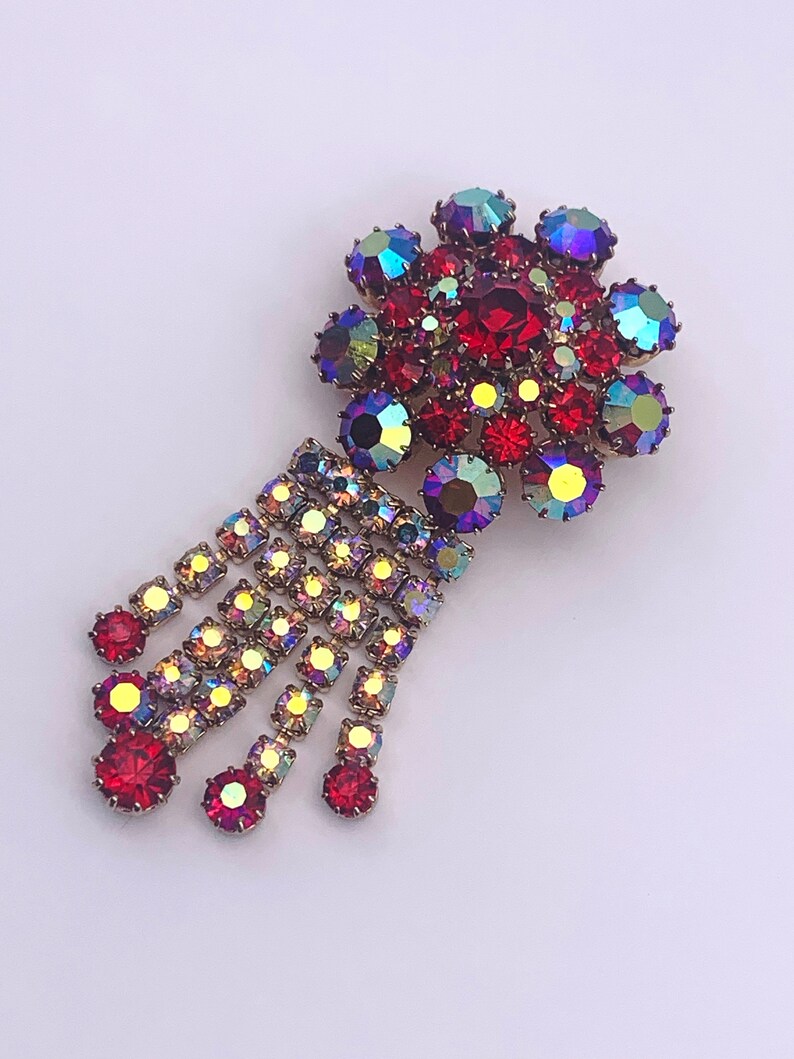 Vintage 1960's Rhinestone Dangle Brooch With Siam Red/red - Etsy