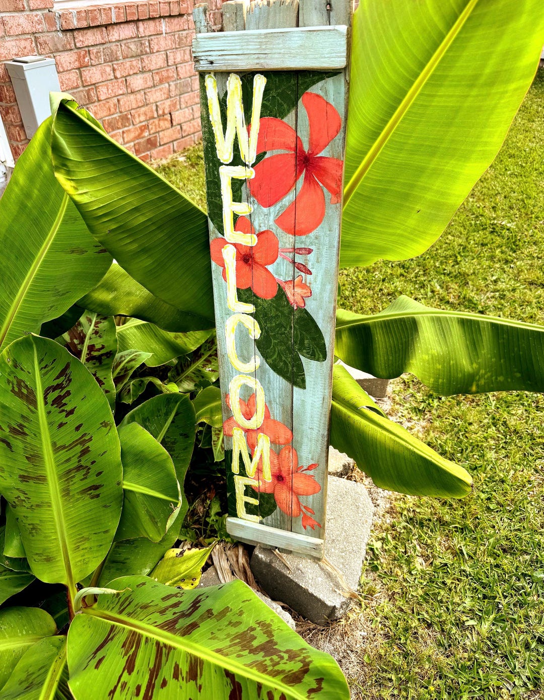 Tropical Welcome Sign| Plumeria Welcome Sign| Vertical Welcome Sign ...