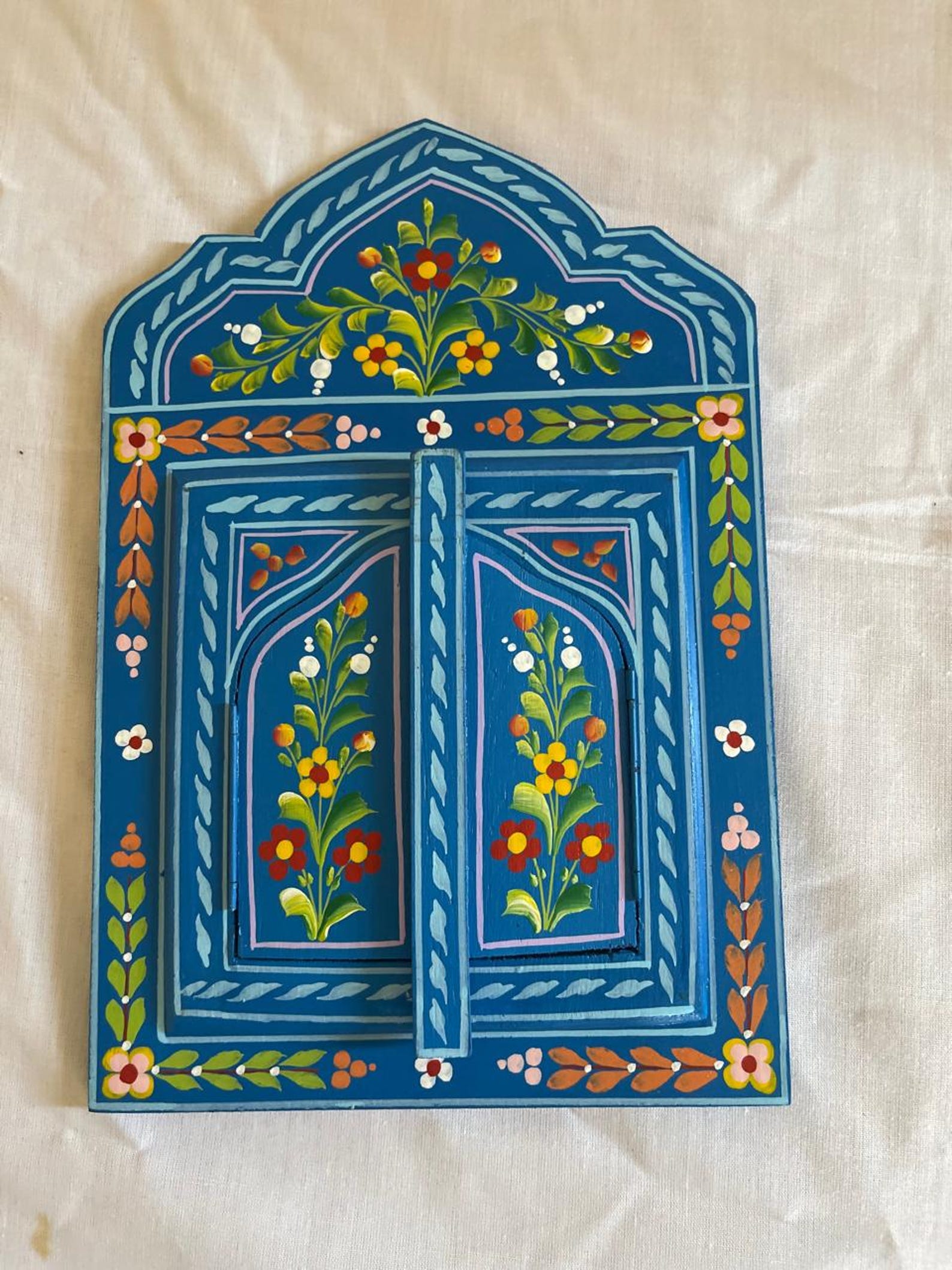 Hand-painted Wooden Mirror With Floral Window Shutters | Boho Folk Art ...