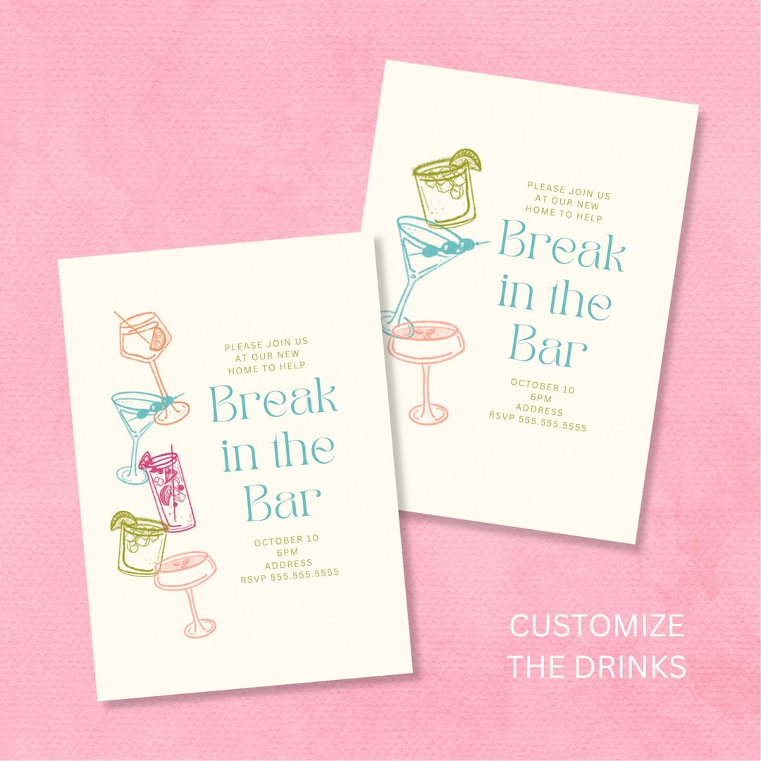 Break in the Bar Party Invitation: Hand-scribbled Cocktails, Editable ...