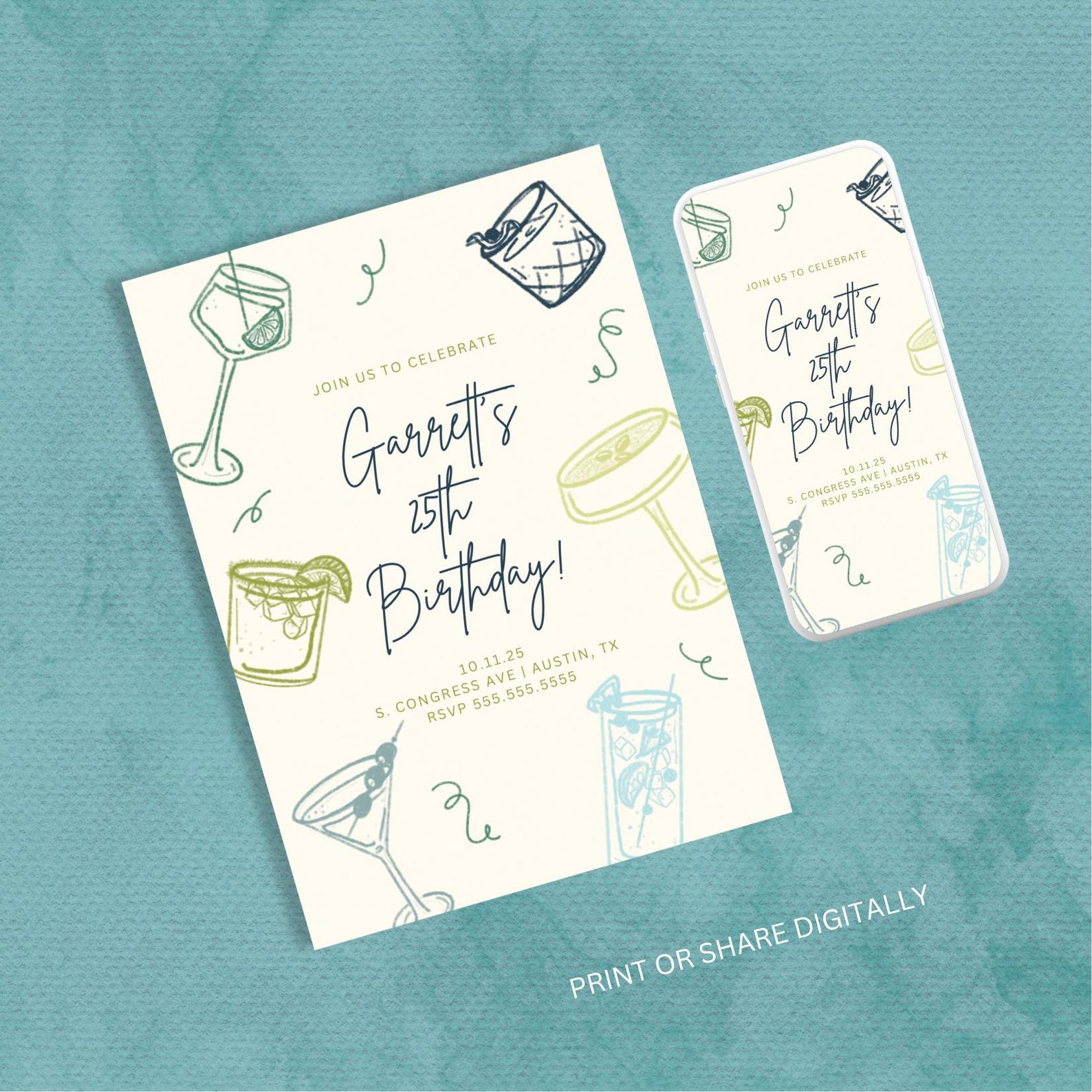 Hand-drawn Cocktail Birthday Party Invite: Printable Canva Template ...