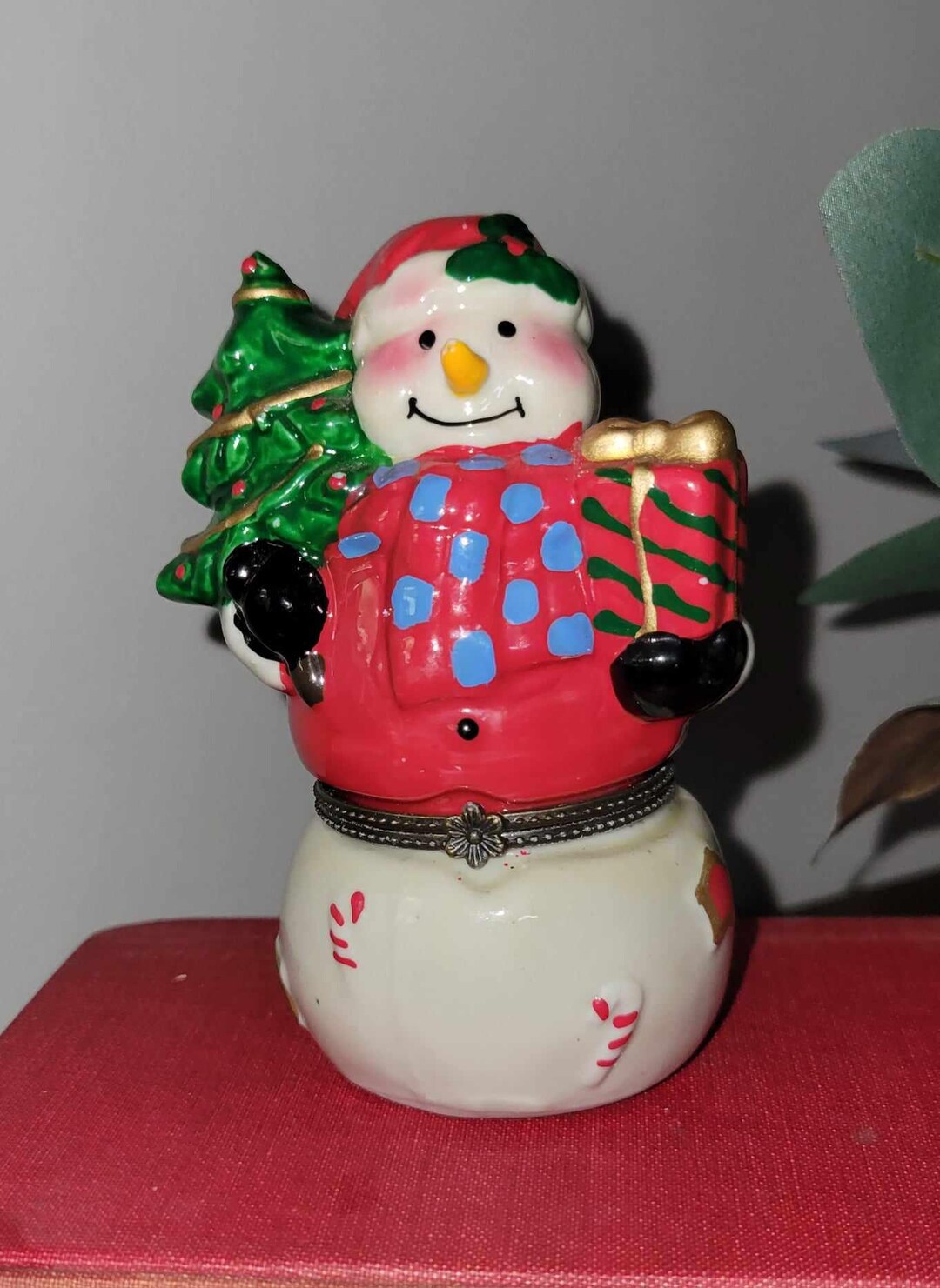 Hinged Porcelain Figurine Trinket Box. Snowman With Tree and Present. 4 ...