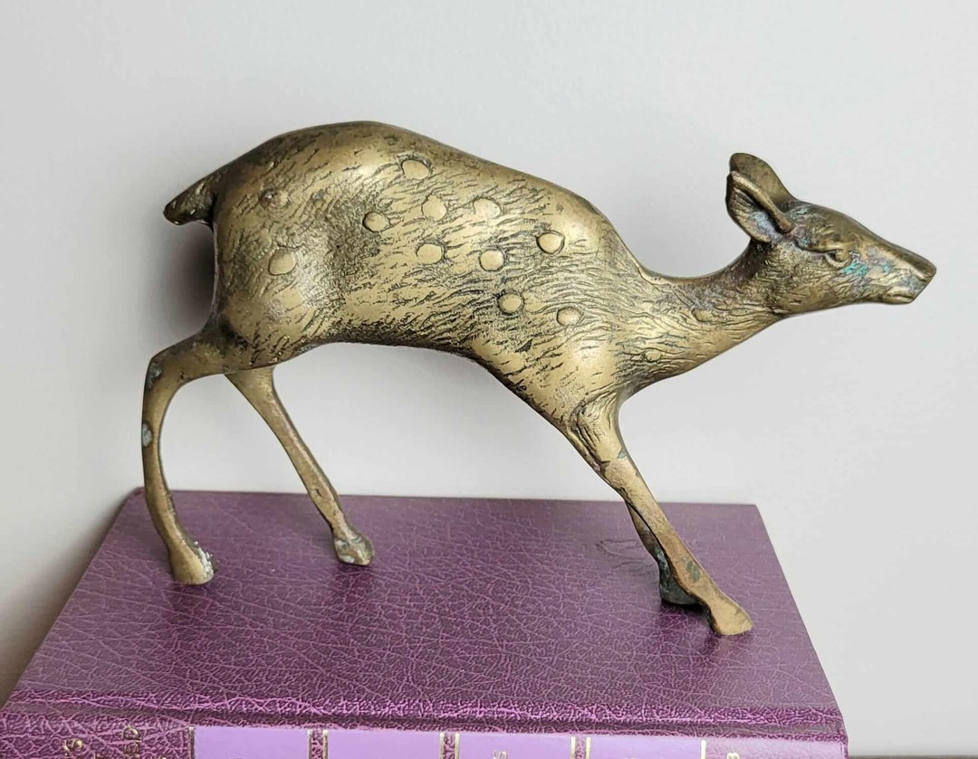 Vintage Brass Deer With Patina Spotted Doe Stands 5" Tall and About 7 ...