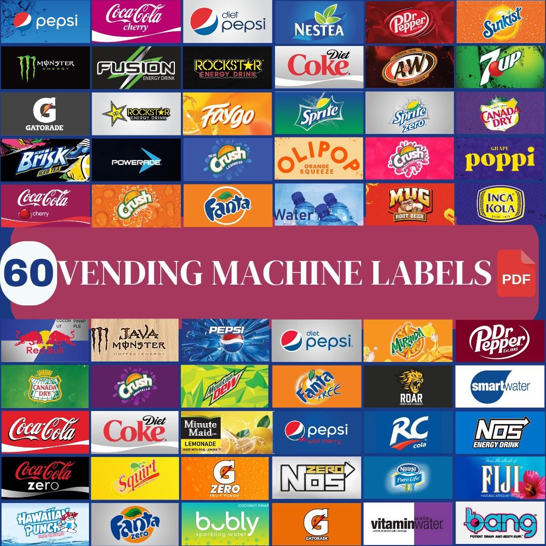 60 Vending Machine Labels PNG | Printable Drink Stickers | 3.25" X 1. ...