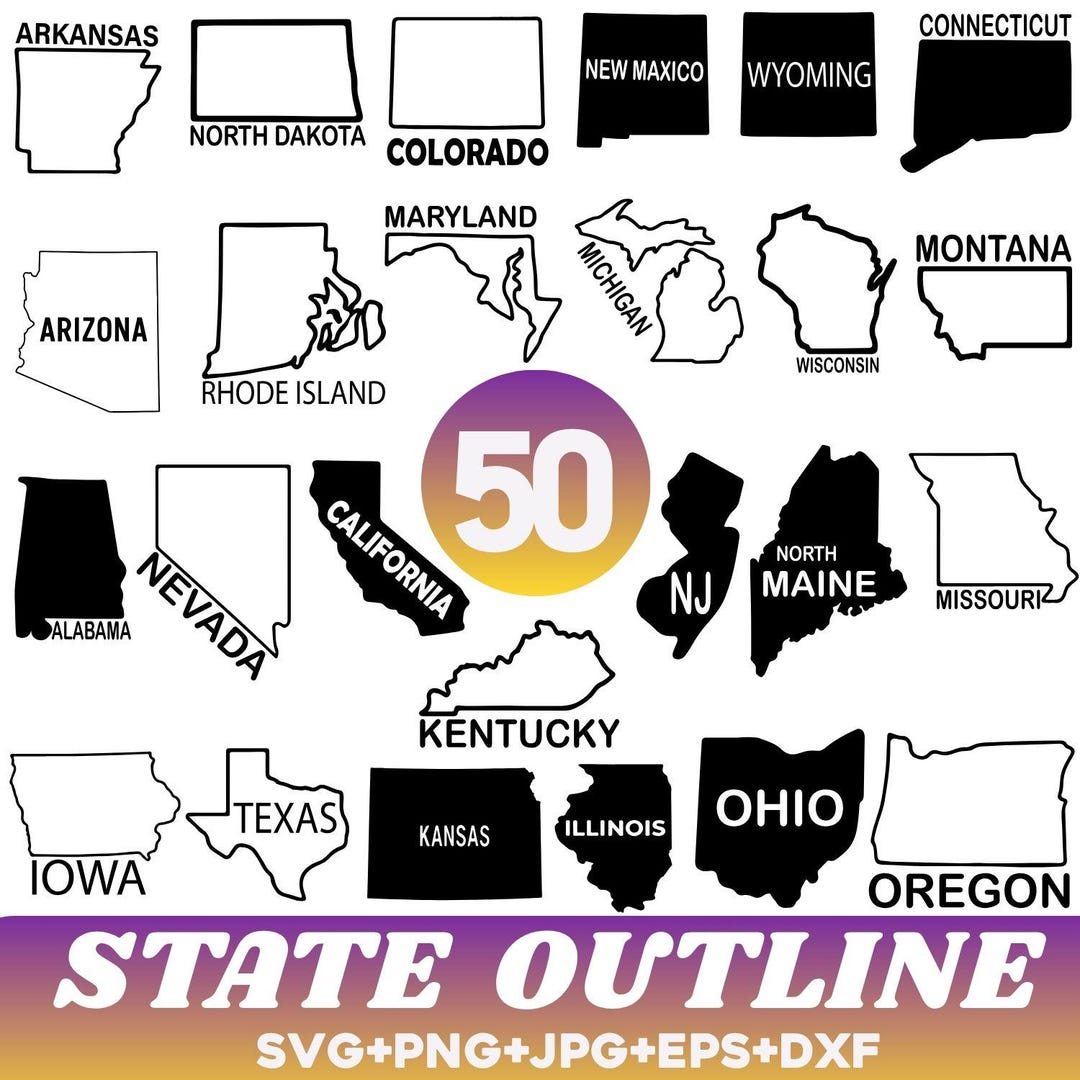 Simple State Outlines With Names Svg, 50 Individual Shapes, United ...