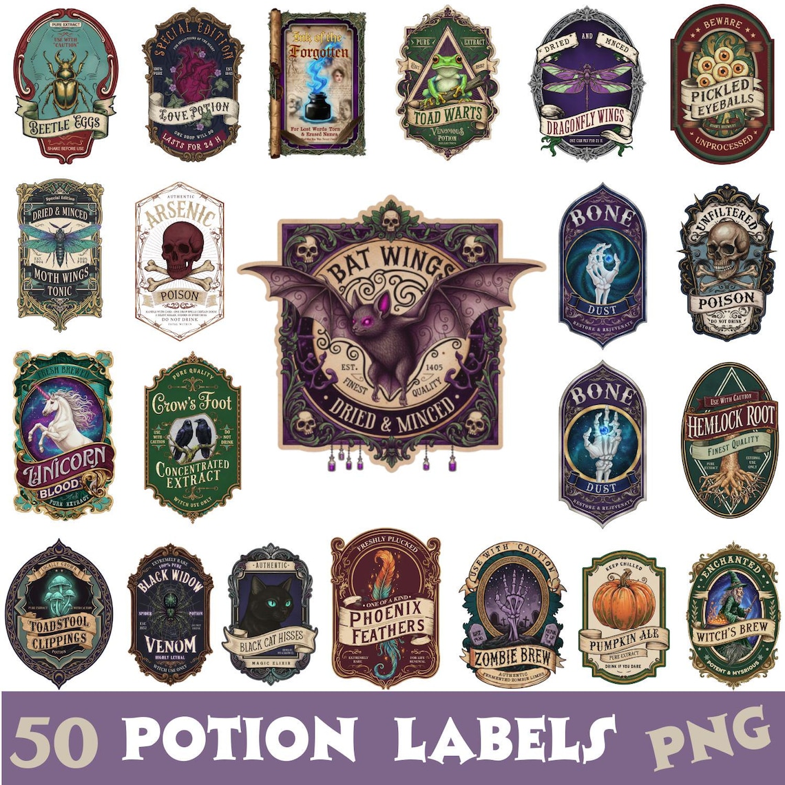 Mystic Potion Labels PNG Bundle: Apothecary Halloween (digital Download ...