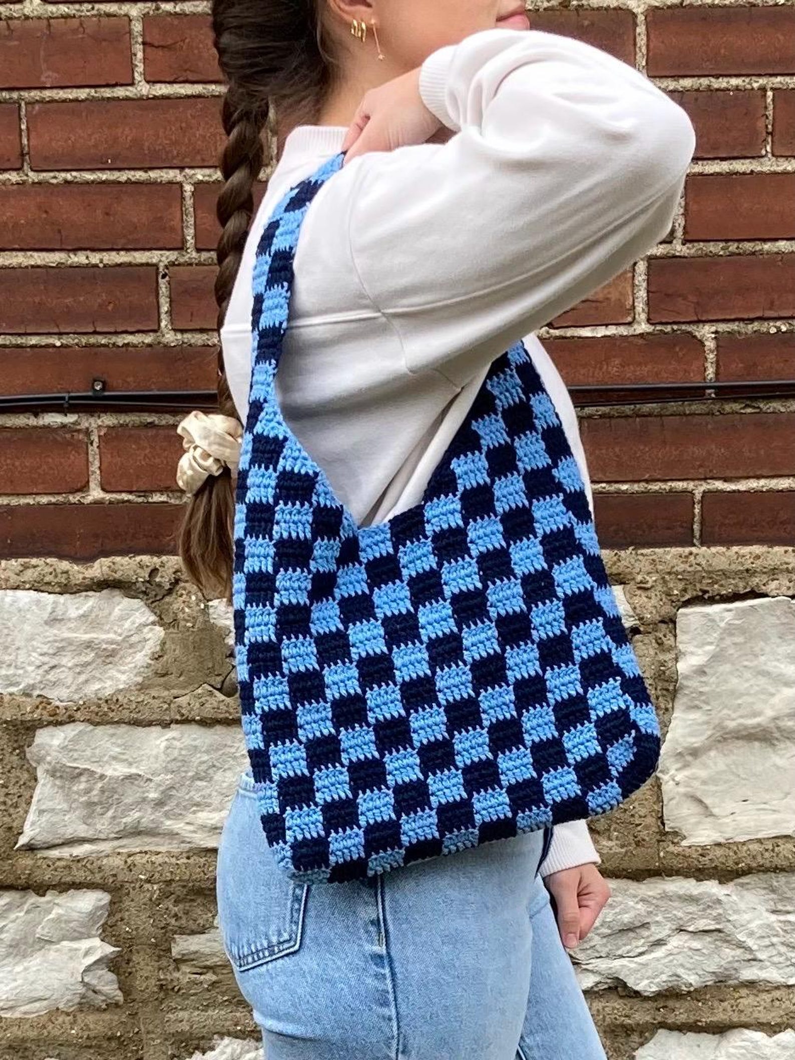 Handmade Crochet Checkerboard Tote Bag: Navy & Sky Blue Cotton Purse - Etsy