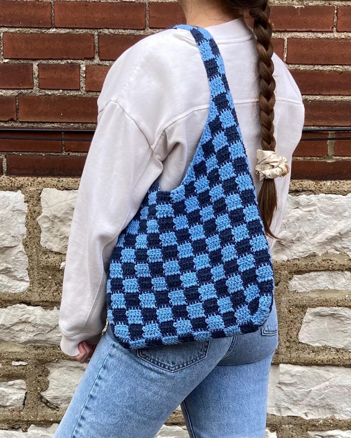 Green Crochet Checkerboard Tote Bag Colorful Handmade Checkered ...