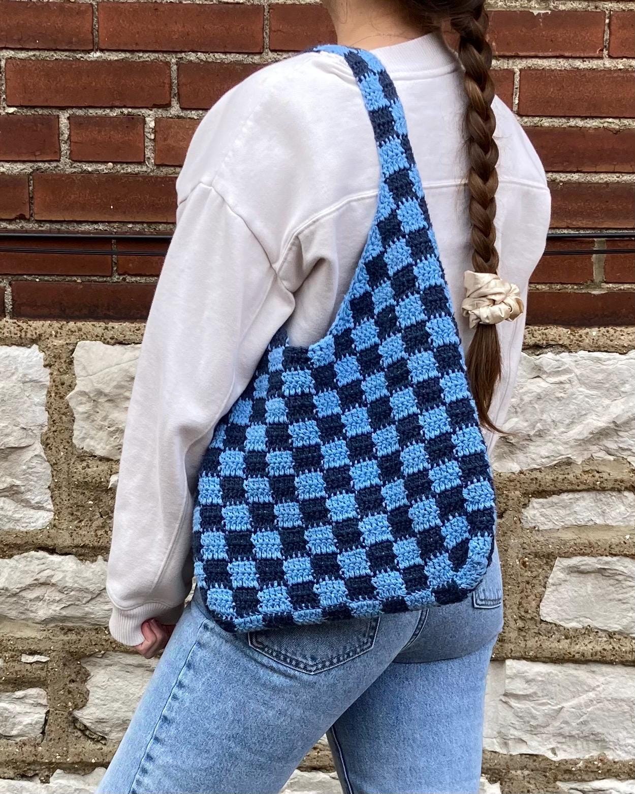 Green Crochet Checkerboard Tote Bag | Colorful Handmade Checkered ...