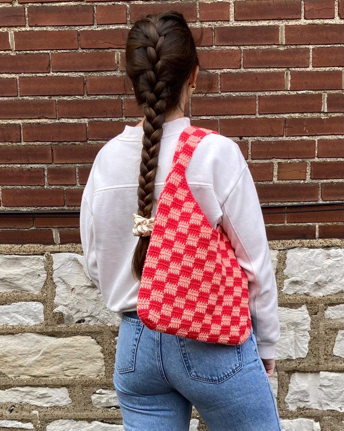 Green Crochet Checkerboard Tote Bag Colorful Handmade Checkered ...
