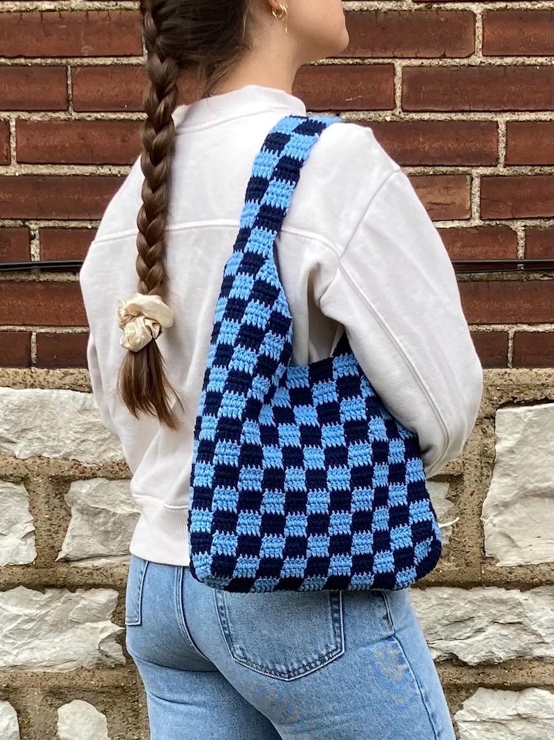 Handmade Crochet Checkerboard Tote Bag: Navy & Sky Blue Cotton Purse - Etsy