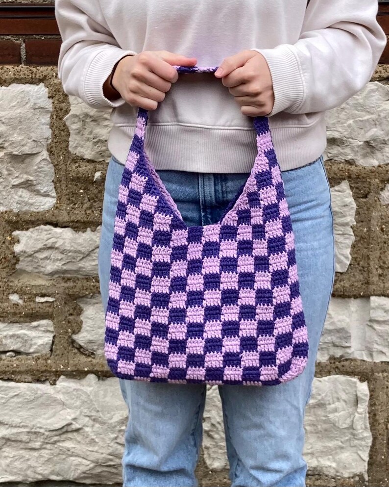 Red and Pink Crochet Checkerboard Tote Bag | Colorful Handmade ...