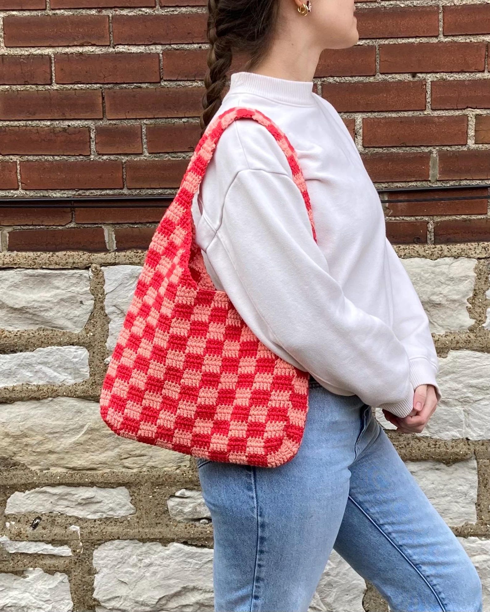Red and Pink Crochet Checkerboard Tote Bag | Colorful Handmade ...