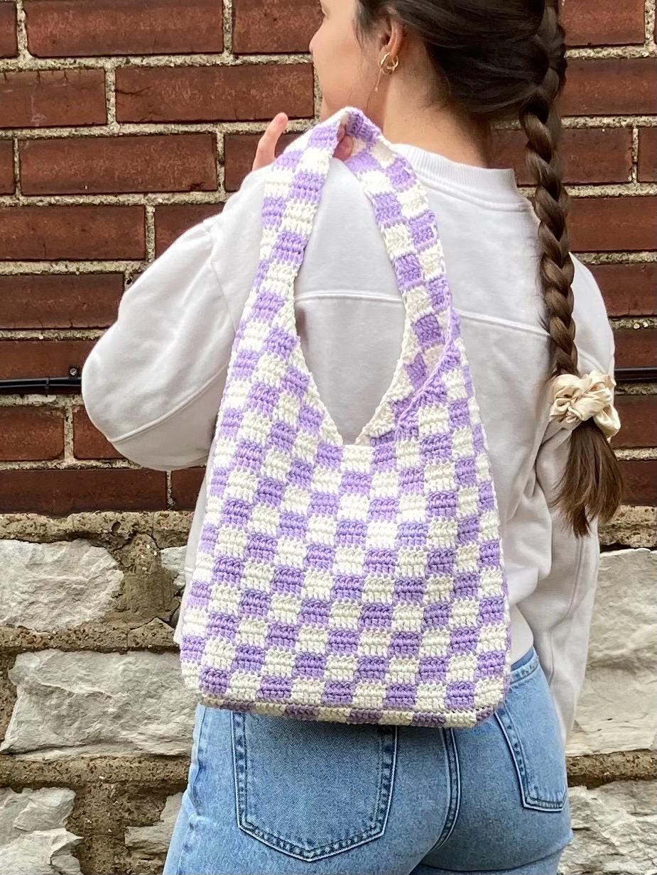 Handmade Crochet Checkerboard Tote Bag: Navy & Sky Blue Cotton Purse - Etsy