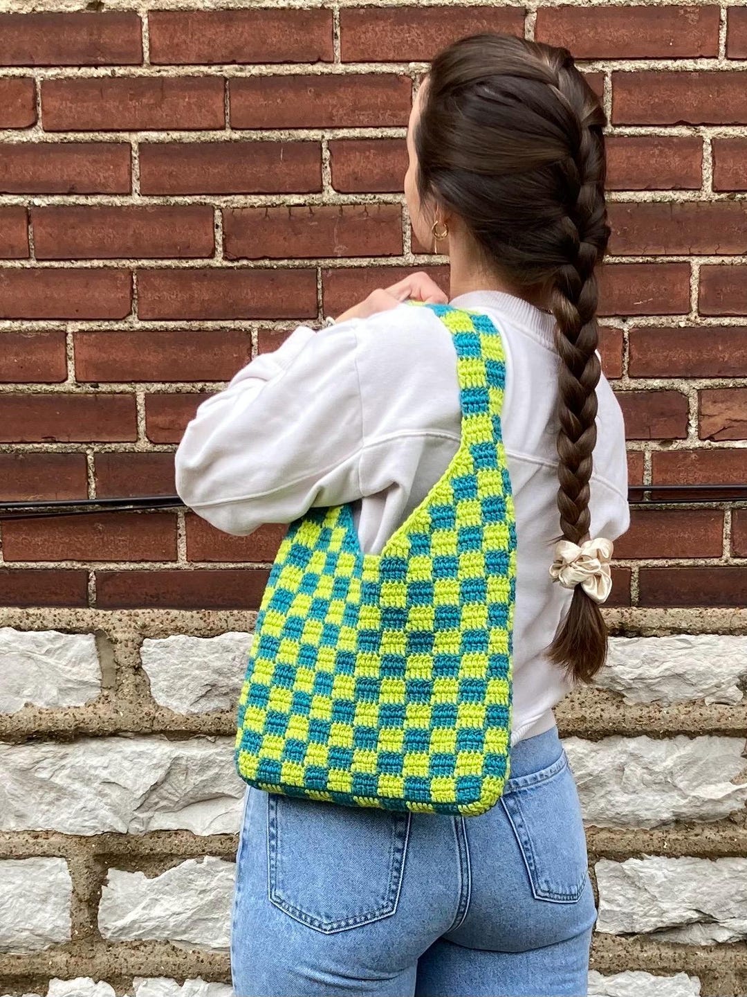 Crochet Checkerboard Tote Bag: Teal & Lime Green Cotton Shoulder Purse ...