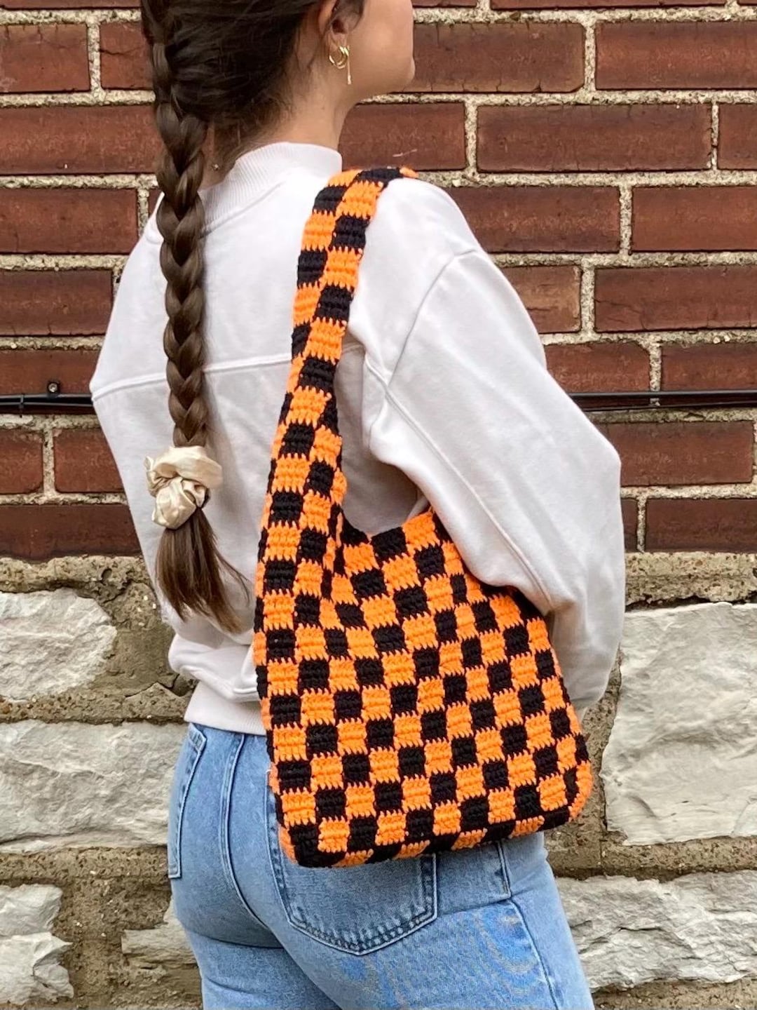 Orange and Black Crochet Checkerboard Tote Bag | Colorful Handmade ...