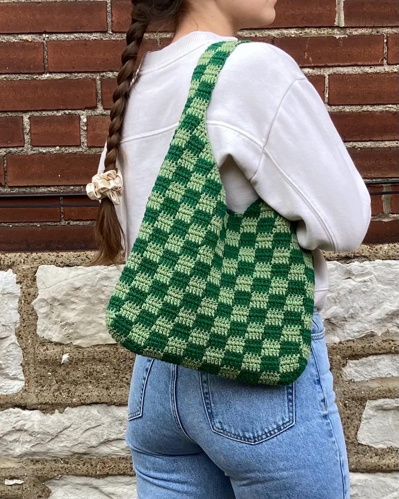 Green Crochet Checkerboard Tote Bag | Colorful Handmade Checkered ...
