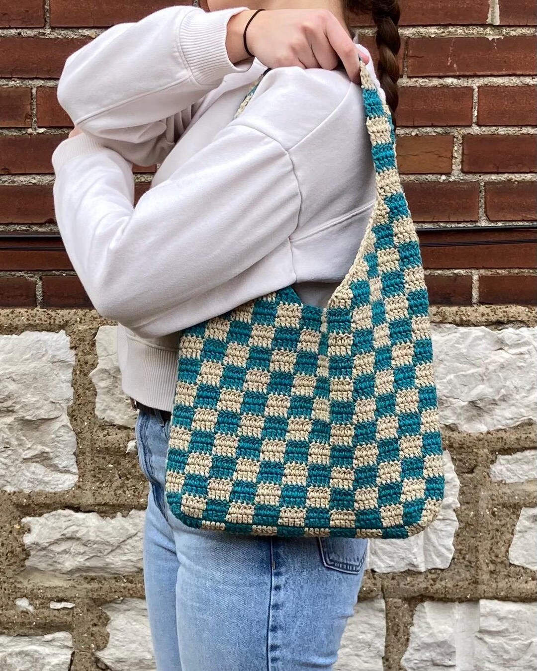 Teal and Tan Crochet Checkerboard Tote Bag | Neutral Handmade Checkered ...