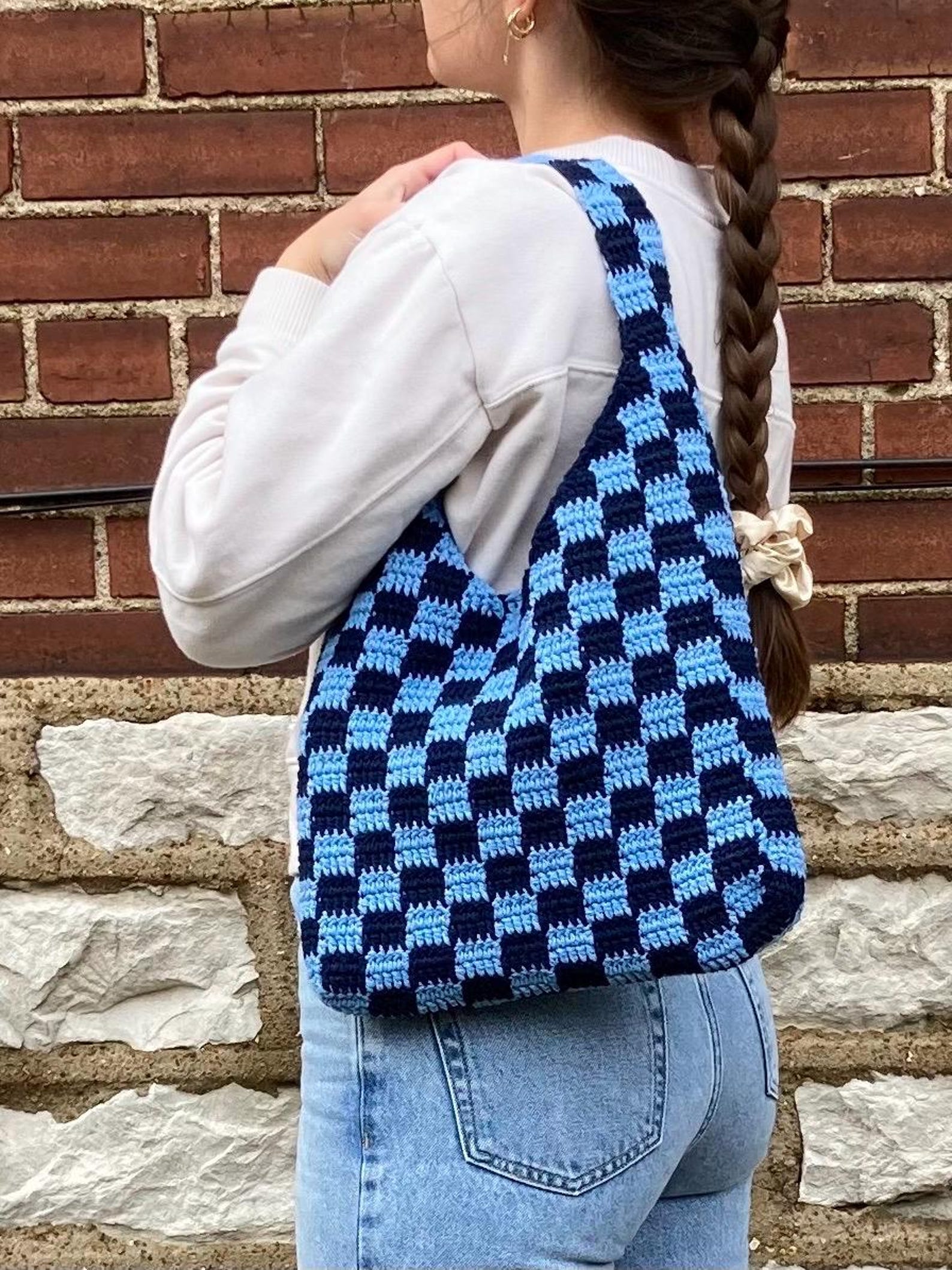 Navy and Sky Blue Crochet Checkerboard Tote Bag | Colorful Handmade ...
