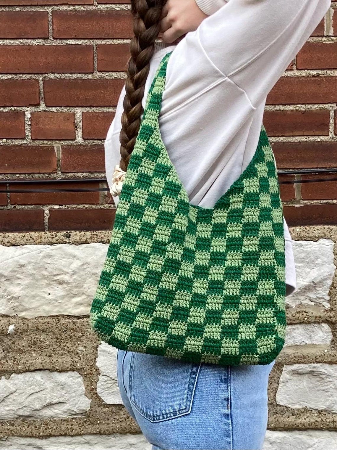 Green Crochet Checkerboard Tote Bag Colorful Handmade Checkered ...