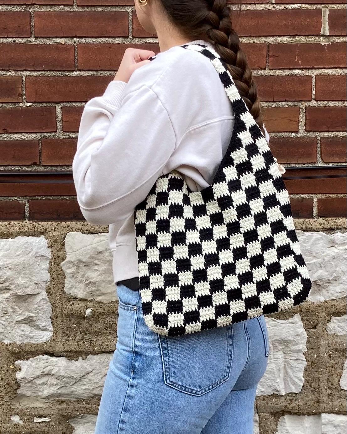 Green Crochet Checkerboard Tote Bag | Colorful Handmade Checkered ...