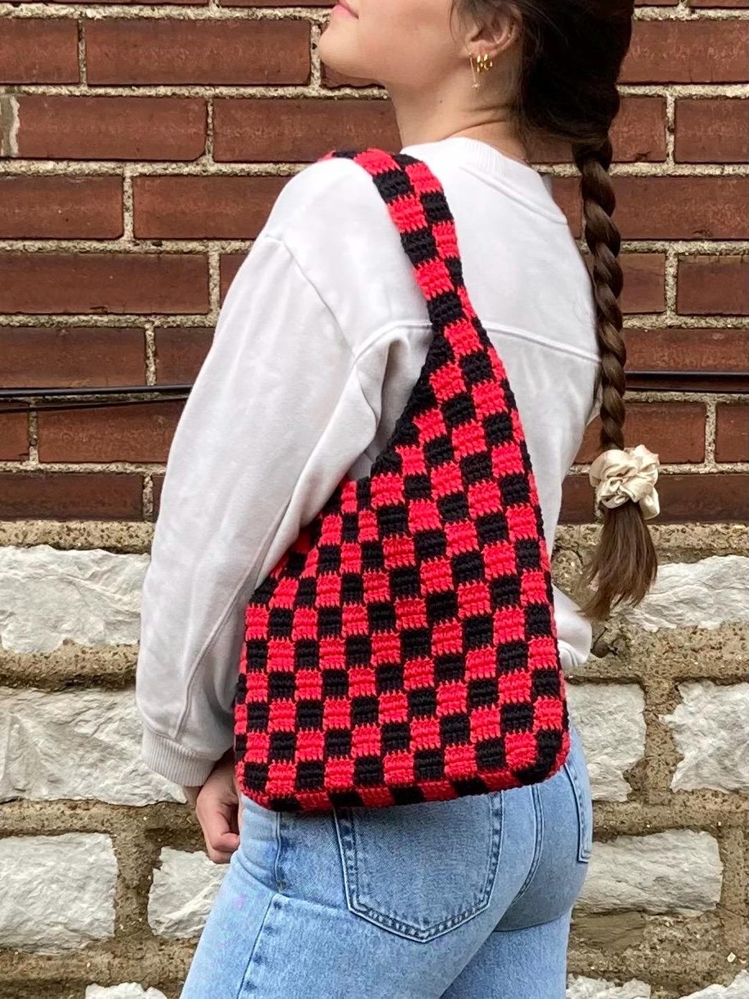 Red and Black Crochet Checkerboard Tote Bag | Colorful Handmade ...