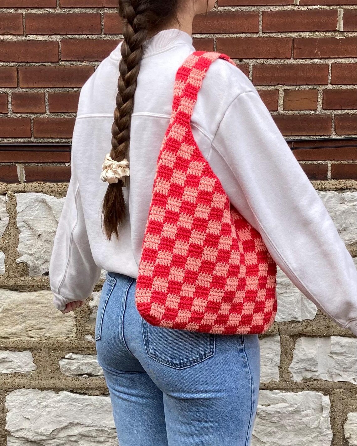 Red and Pink Crochet Checkerboard Tote Bag | Colorful Handmade ...
