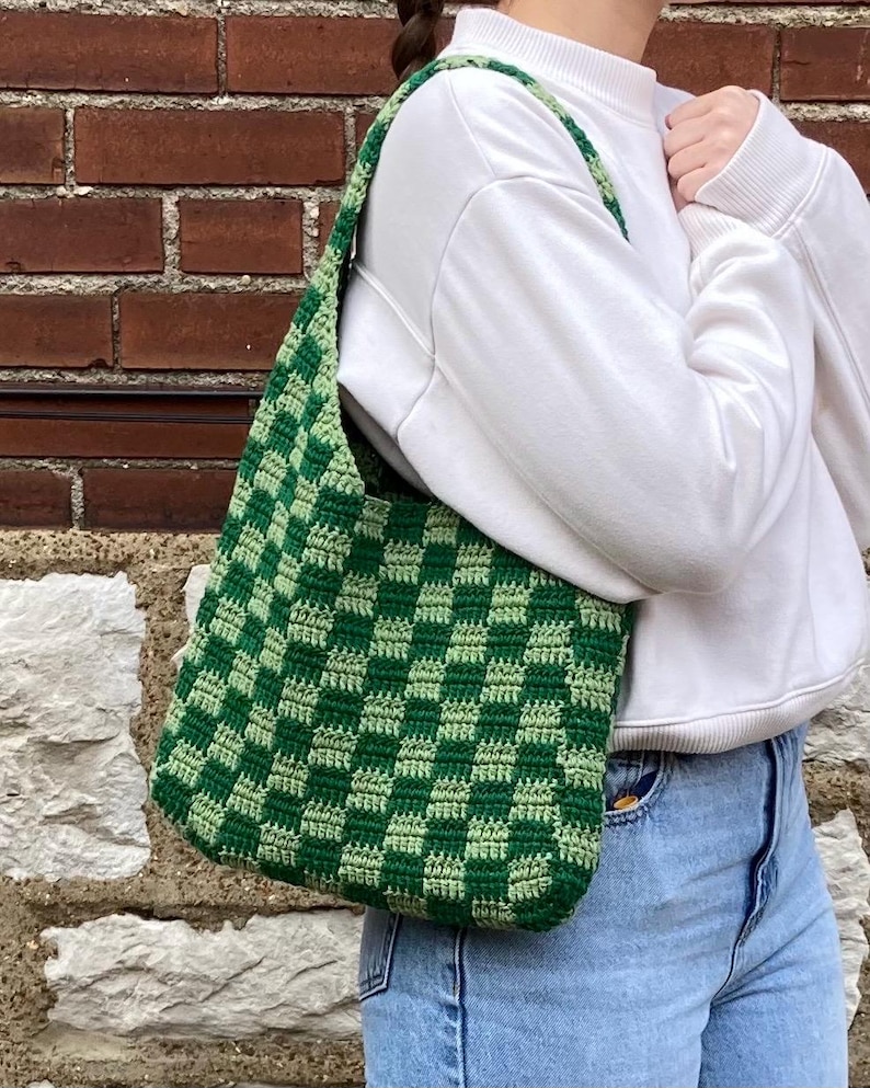 Green Crochet Checkerboard Tote Bag | Colorful Handmade Checkered ...