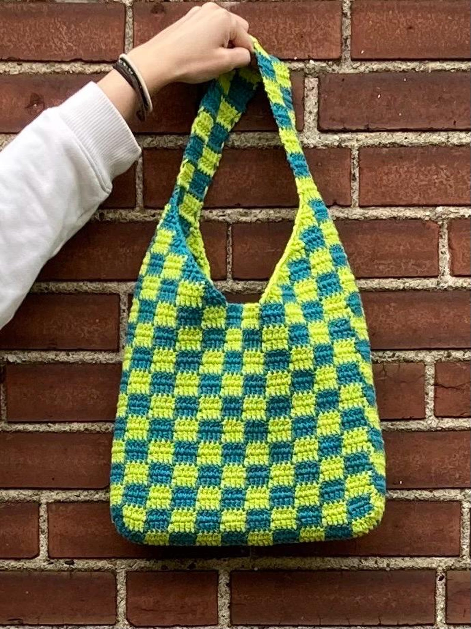 Navy and Sky Blue Crochet Checkerboard Tote Bag | Colorful Handmade ...