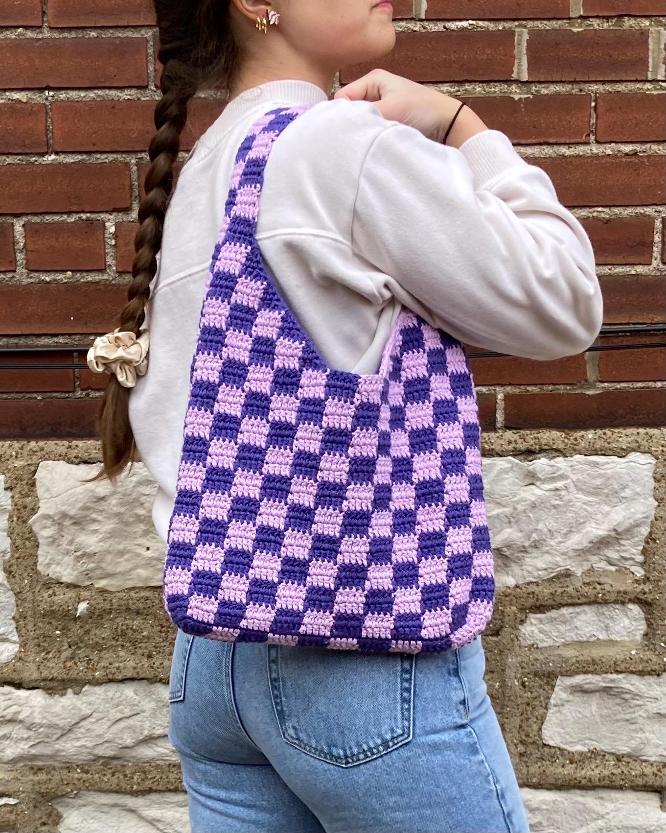 Green Crochet Checkerboard Tote Bag | Colorful Handmade Checkered ...