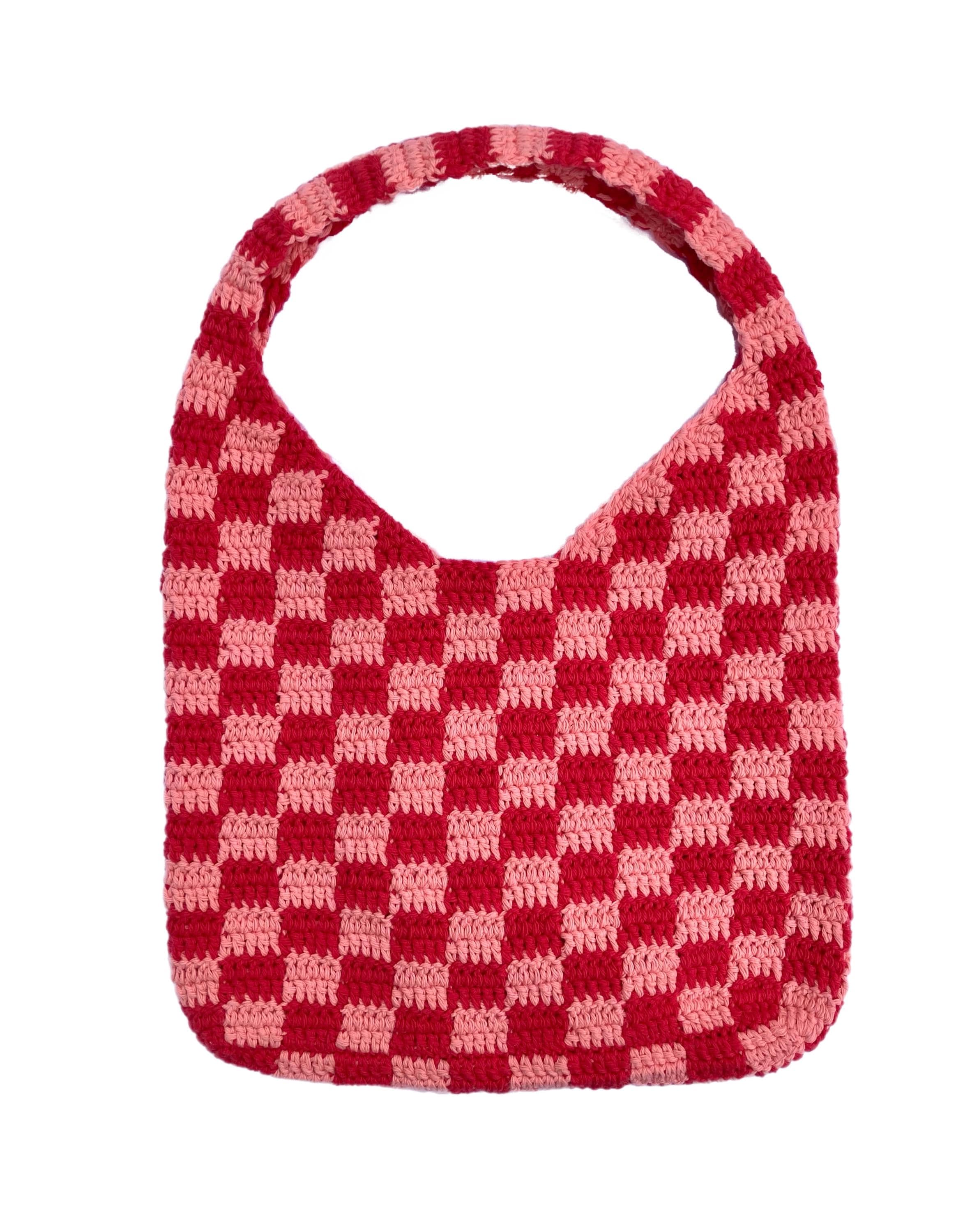 Red and Pink Crochet Checkerboard Tote Bag | Colorful Handmade ...