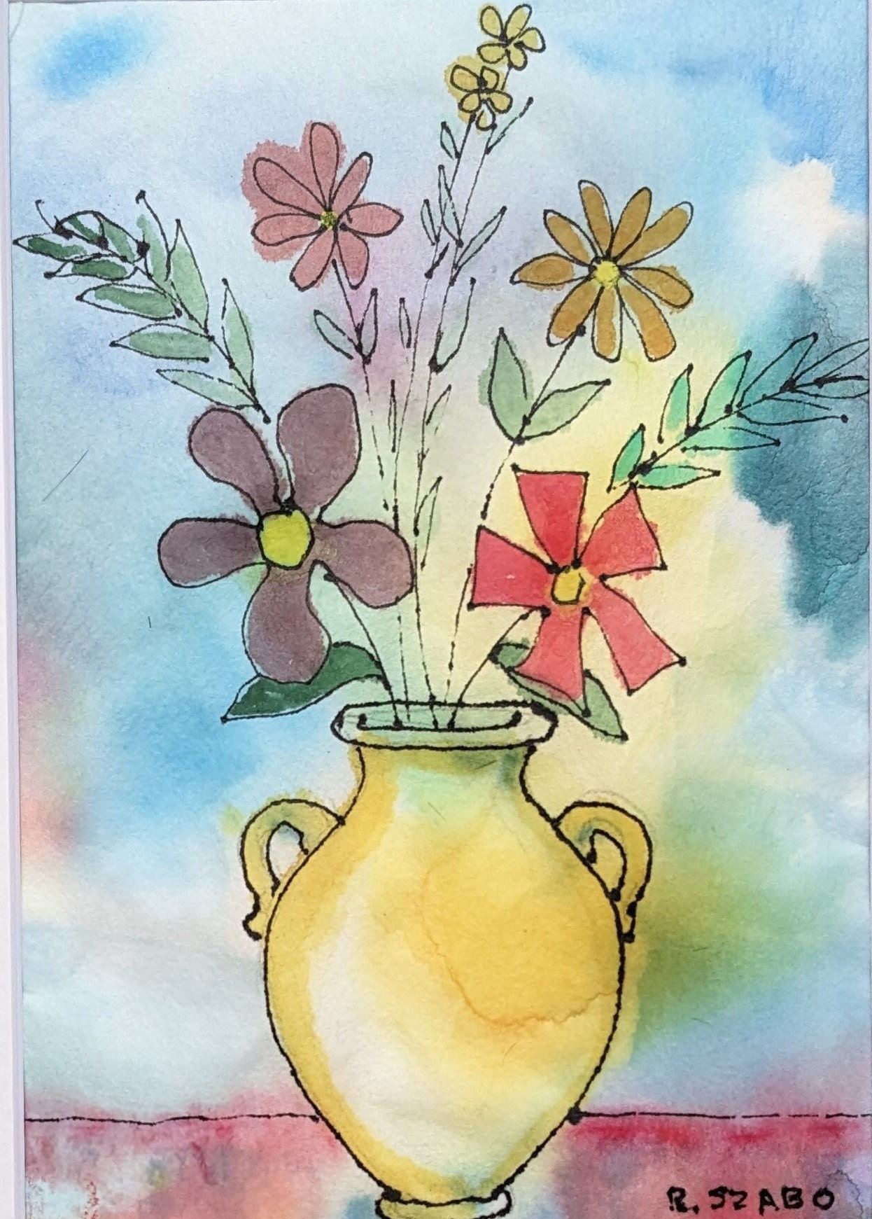Rice Paper Floral 3line and Wash Watercolor & Ink Original/wall Art ...