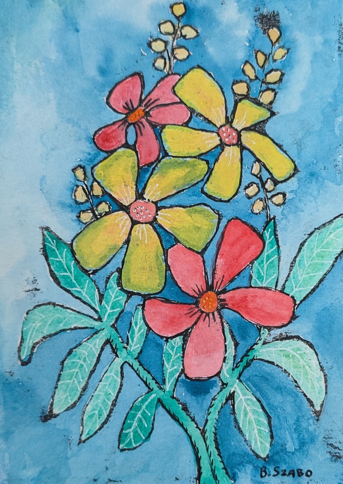 Posie Bouquetline and Wash Watercolor Original/contemporary Wall Art ...