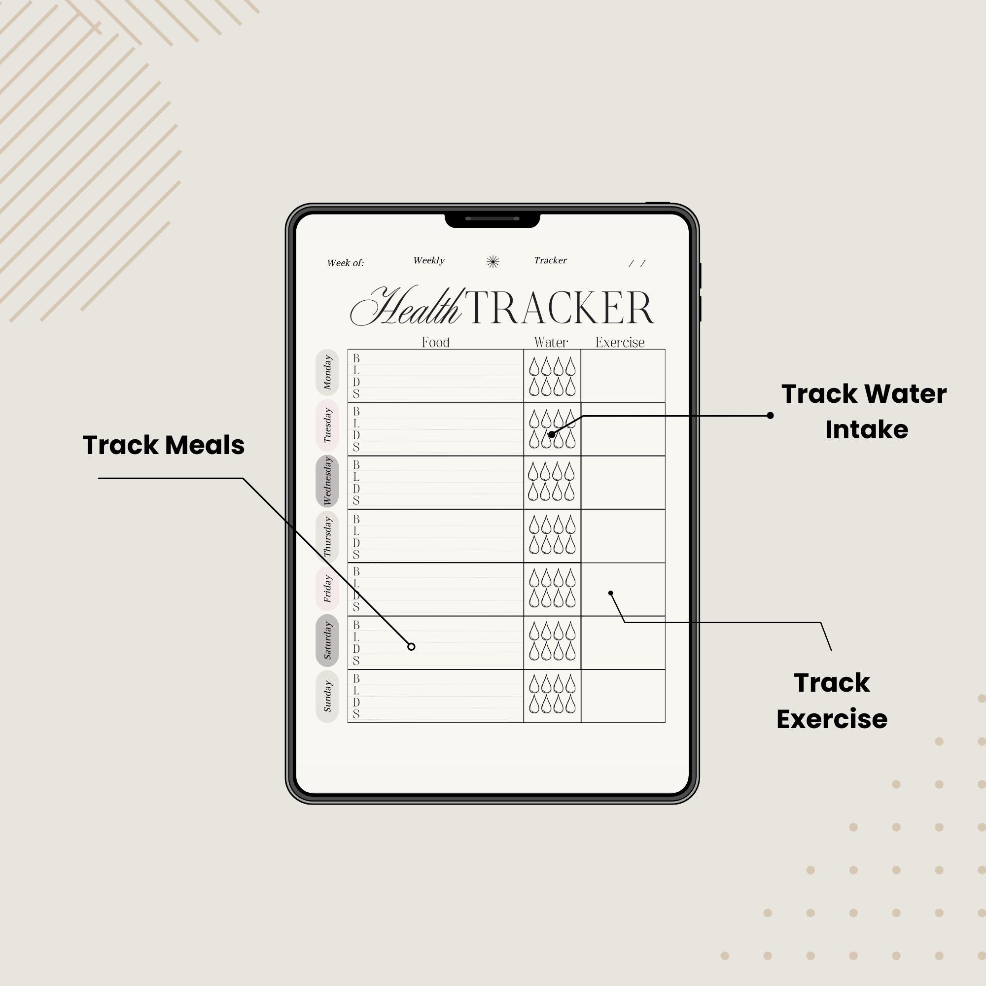 Weekly Health Tracker: Printable Food, Water, Exercise Log (digital ...