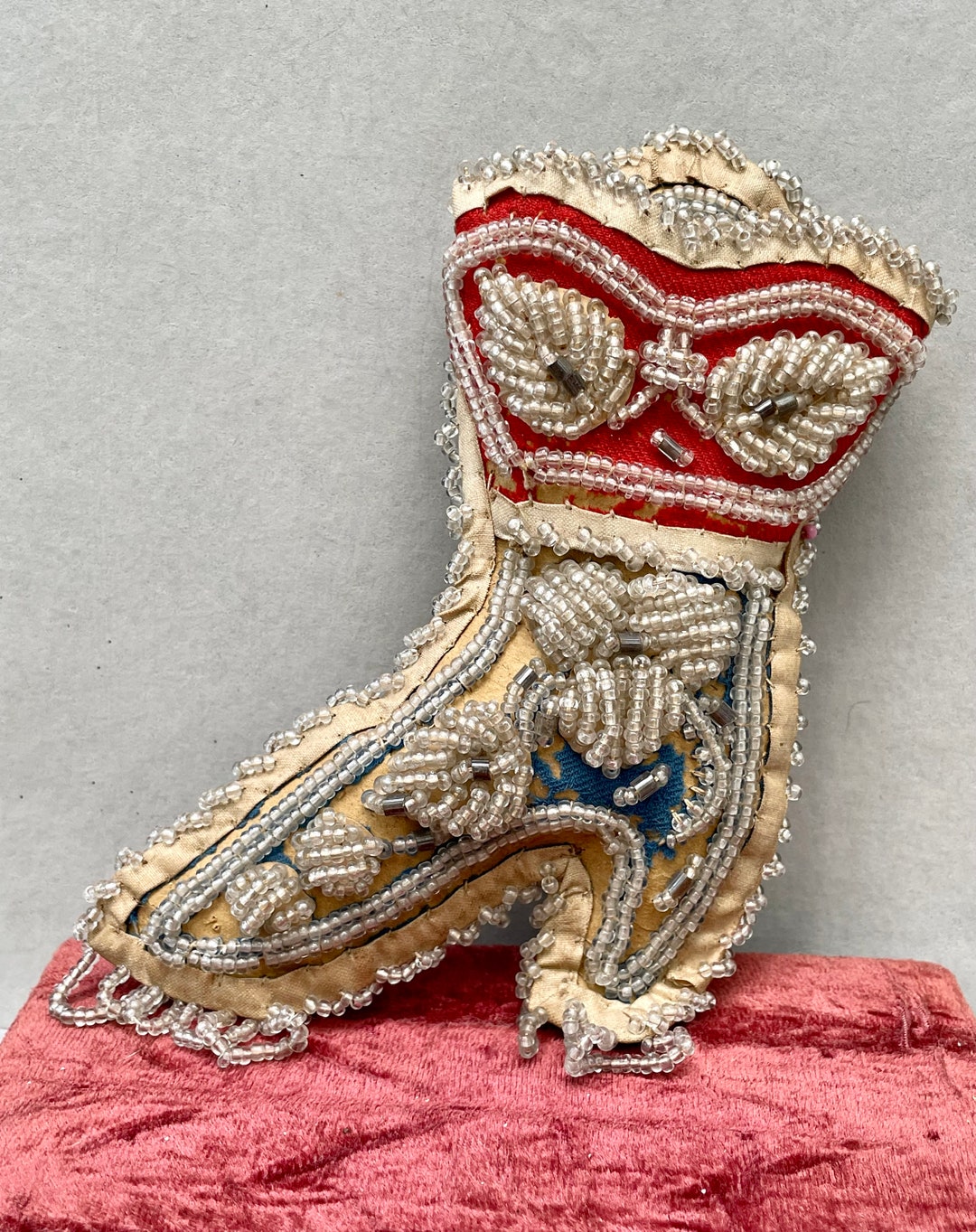 Antique Beaded Whimsy Boot Floral Raised Beadwork on Mustard Cloth ...