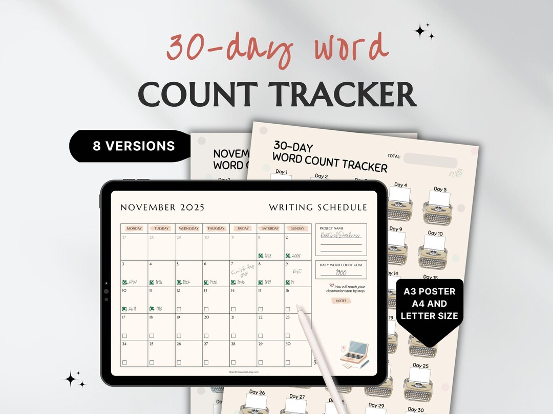 Word Count Tracker for Writing Schedule, Nanowrimo Daily Word Count ...