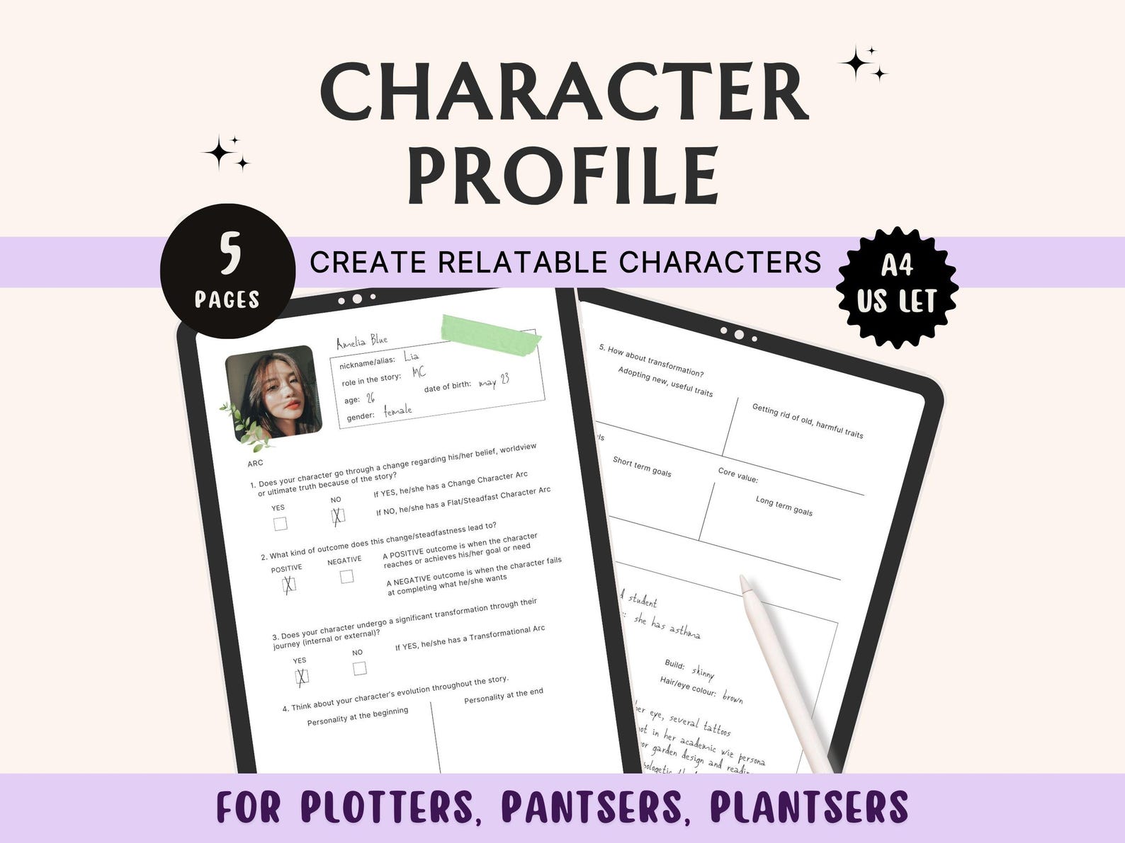 Character Profile Template Character Trait Planner Printable Digital ...